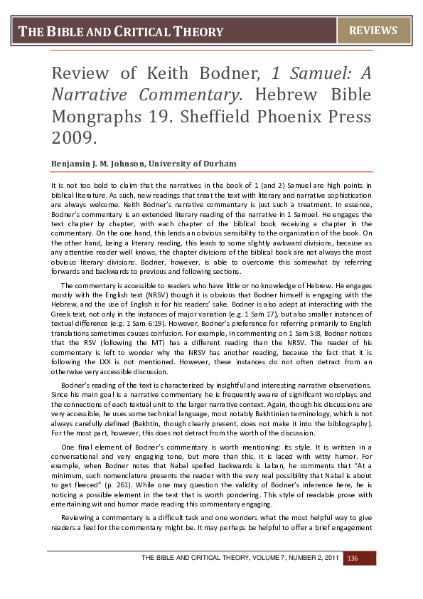 (PDF) Review of Keith Bodner, 1 Samuel: A Narrative Commentary
