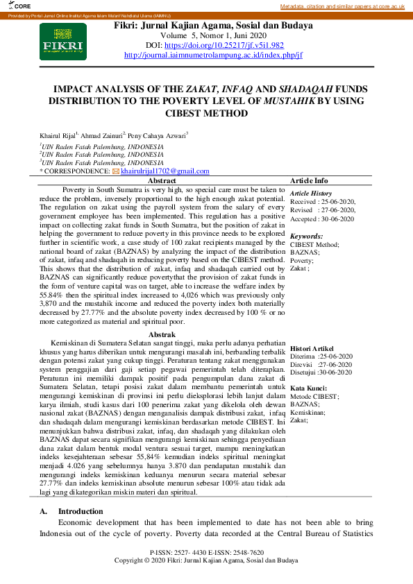 (PDF) Impact Analysis of the Zakat, Infaq and Shadaqah Funds Distribution to the Poverty Level ...