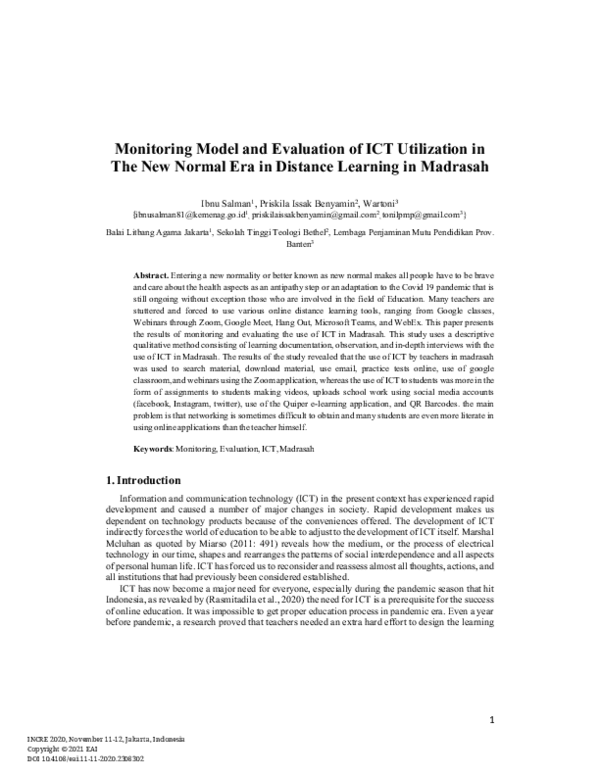 Pdf Monitoring Model And Evaluation Of Ict Utilization In The New Normal Era In Distance