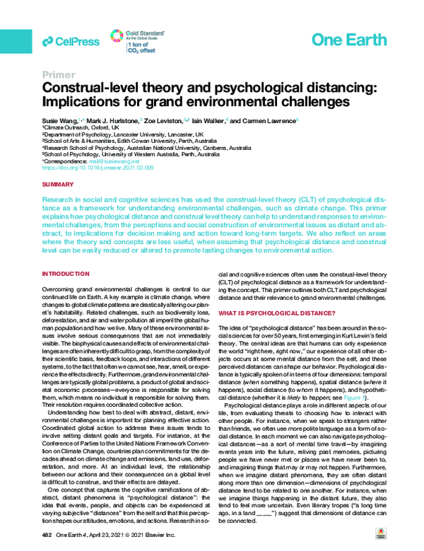 Construal-level theory and psychological distancing: Implications for grand environmental challenges