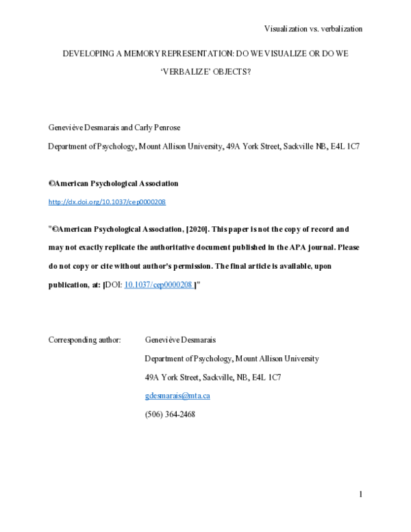 (PDF) Developing a memory representation: Do we visualize or do we “verbalize” objects?