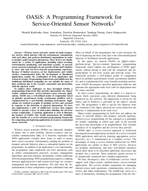 (PDF) OASiS: A Programming Framework for Service-Oriented Sensor Networks