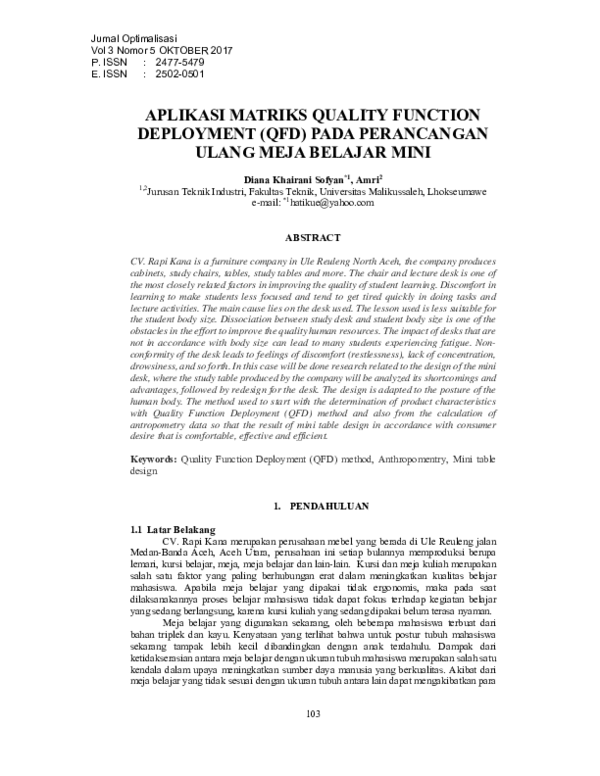 (PDF) Aplikasi Matriks Quality Function Deployment (QFD) Pada Perancangan Ulang Meja Belajar Mini