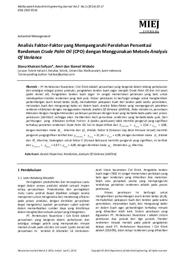 (PDF) Analisis Faktor-Faktor yang Mempengaruhi Perolehan Persentasi Rendemen Crude Palm Oil (CPO ...