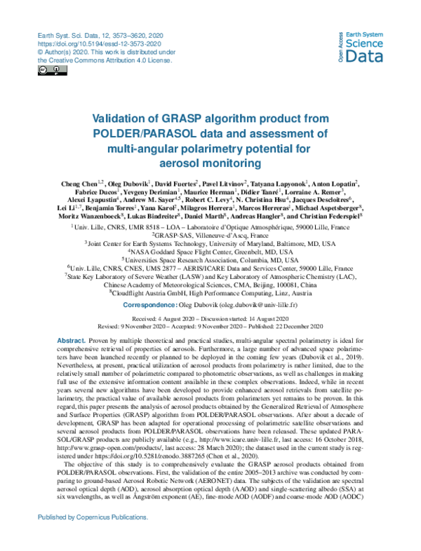 (PDF) Validation of GRASP algorithm product from POLDER/PARASOL data and assessment of multi ...