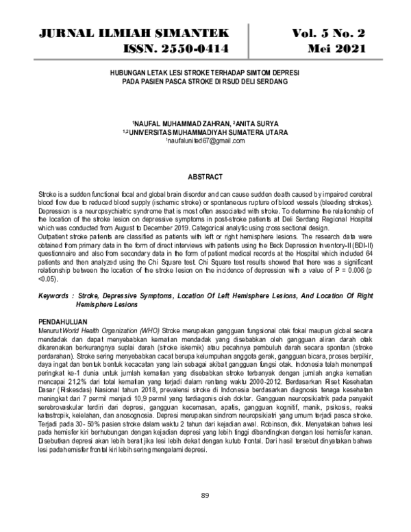(PDF) Hubungan Letak Lesi Stroke Terhadap Simtom Depresi Pada Pasien Pasca Stroke DI Rsud Deli ...