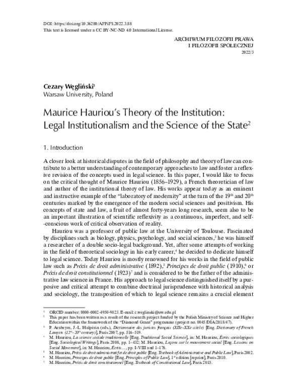 (PDF) Maurice Hauriou’s Theory of the Institution: Legal ...