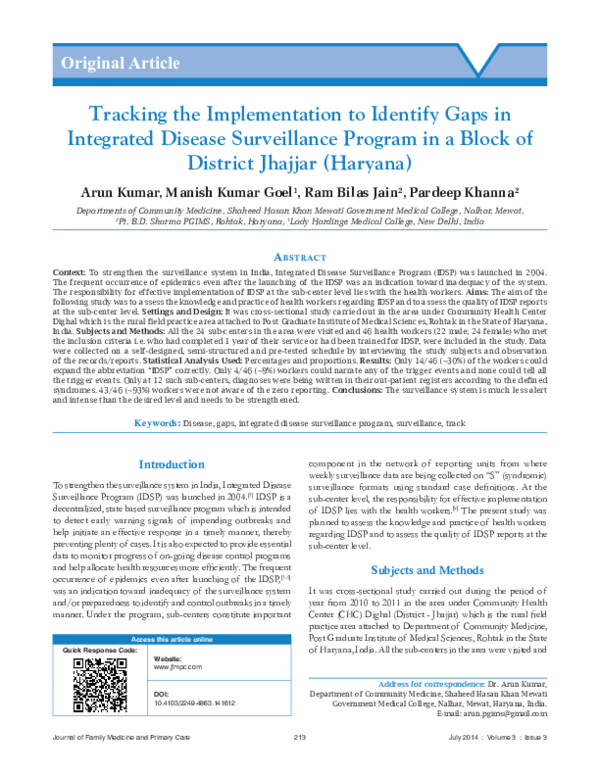 (PDF) Tracking the implementation to identify gaps in integrated disease surveillance program in ...