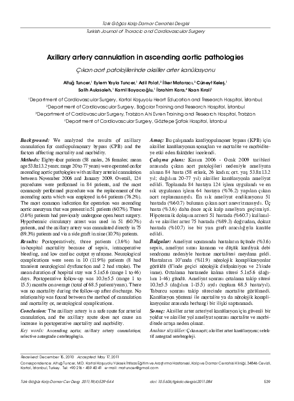 (PDF) Axillary artery cannulation in ascending aortic pathologies