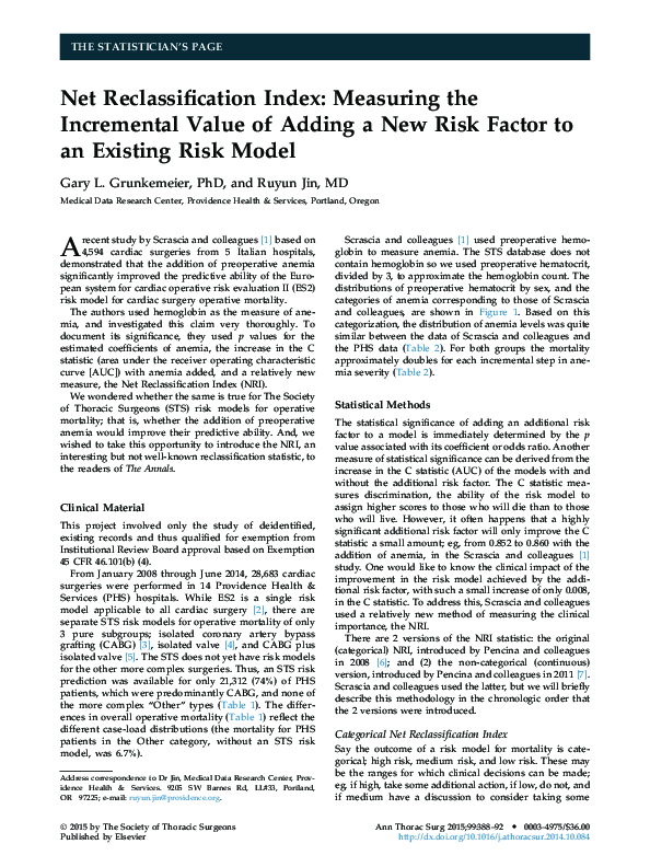 (PDF) Net reclassification index: measuring the incremental value of ...