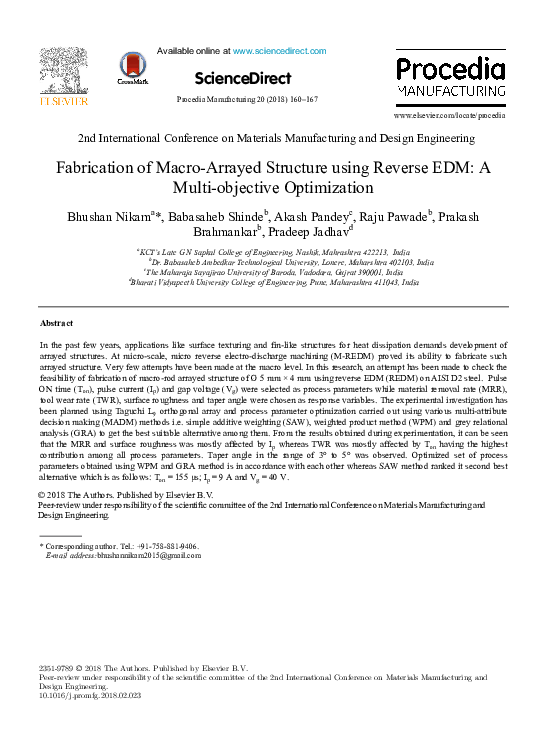Pdf Fabrication Of Macro Arrayed Structure Using Reverse Edm A Multi
