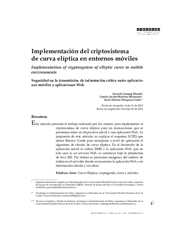 (PDF) Implementación Del Criptosistema De Curva Elíptica en Entornos Móviles