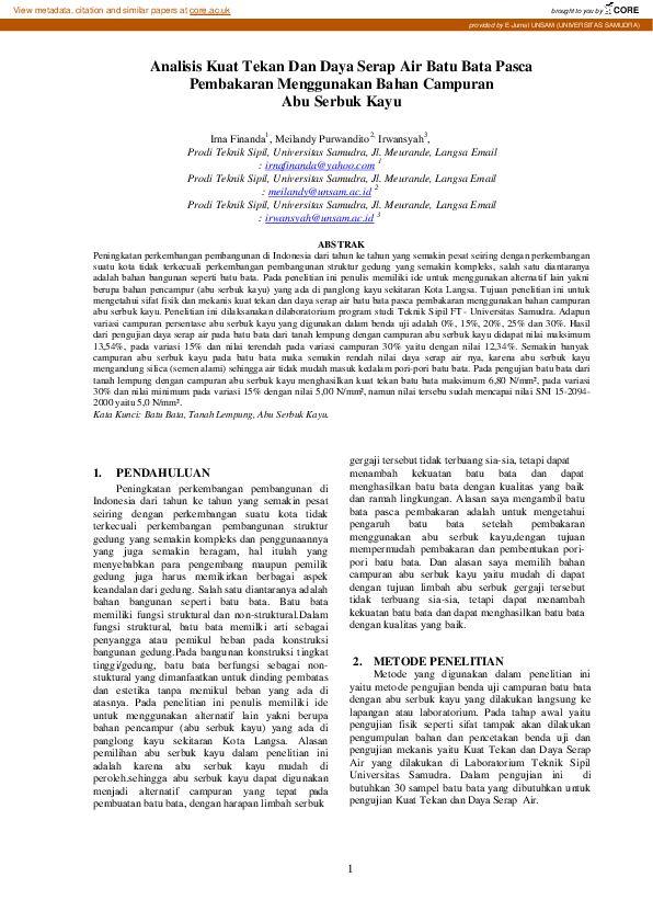 (PDF) Analisis Kuat Tekan Dan Daya Serap Air Batu Bata Pasca Pembakaran Menggunakan Bahan ...