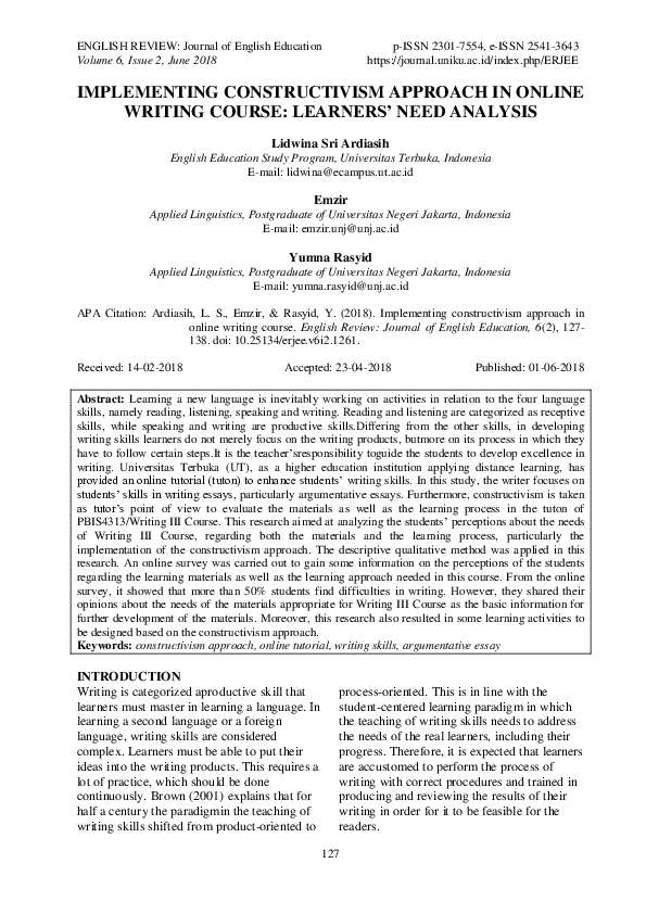 (PDF) Implementing Constructivism Approach in Online Writing Course: Learners Need Analysis ...