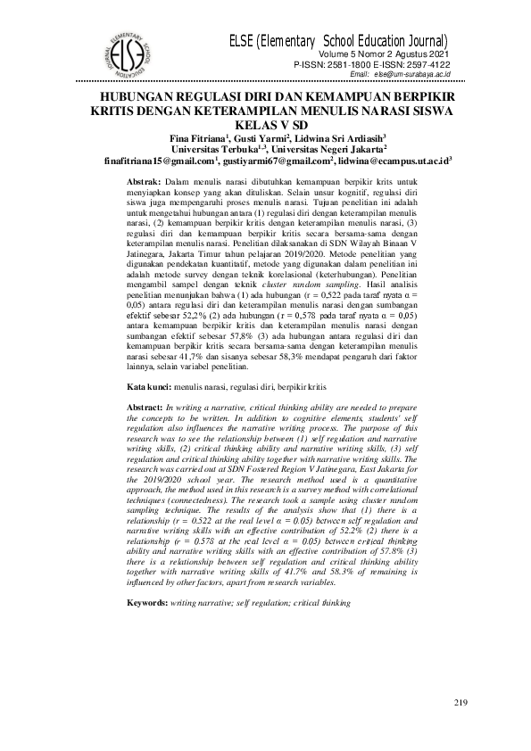 (PDF) Hubungan Regulasi Diri Dan Kemampuan Berpikir Kritis Dengan Keterampilan Menulis Narasi ...