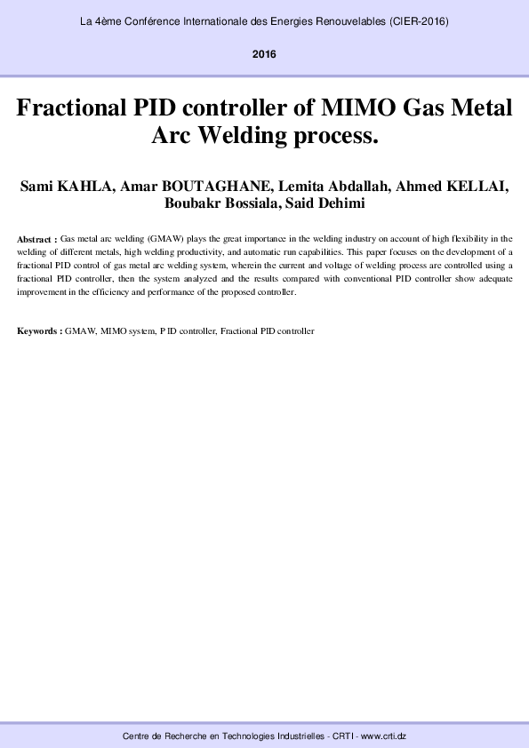 (PDF) Fractional PID controller of MIMO Gas Metal Arc Welding process