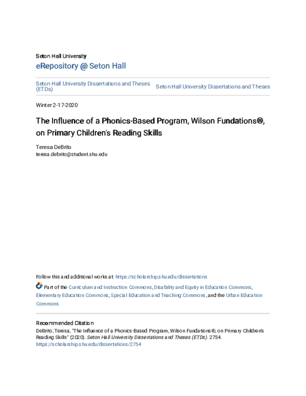 (PDF) The Influence of a Phonics-Based Program, Wilson Fundations®, on ...