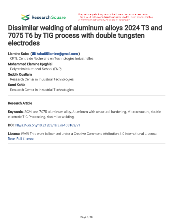 (PDF) Dissimilar welding of aluminum alloys 2024 T3 and 7075 T6 by TIG ...