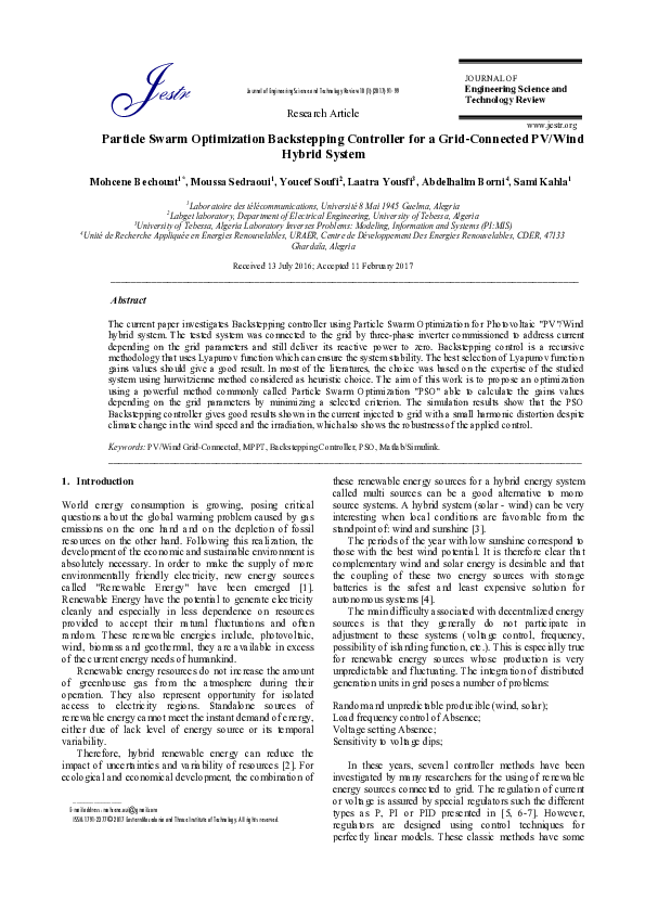 (PDF) Particle Swarm Optimization Backstepping Controller for a Grid - Connected PV/Wind Hybrid ...