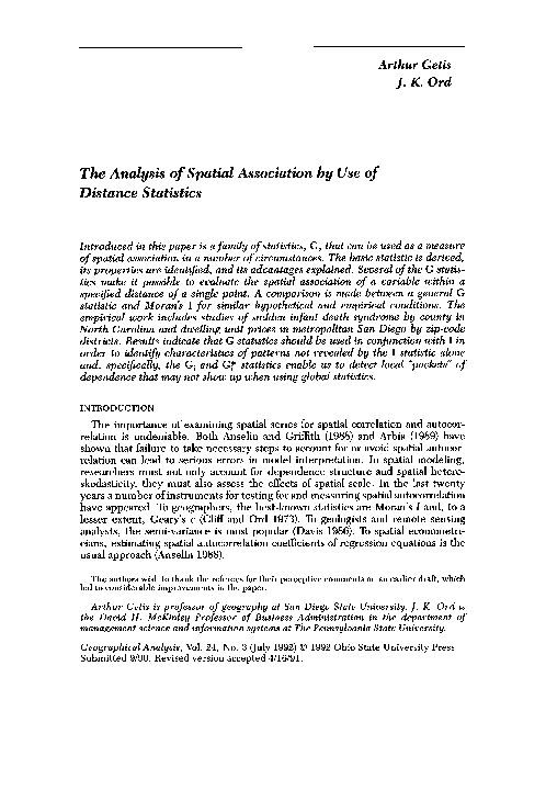 (PDF) The Analysis of Spatial Association by Use of Distance Statistics