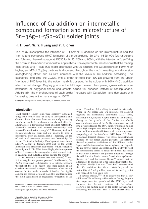 (PDF) Influence of Cu addition on intermetallic compound formation and microstructure of Sn–3Ag ...