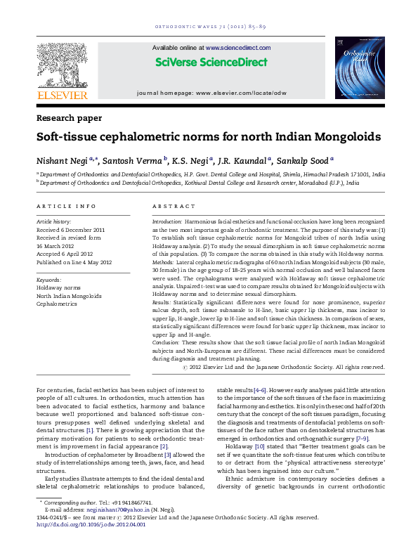 (PDF) Soft-tissue cephalometric norms for north Indian Mongoloids