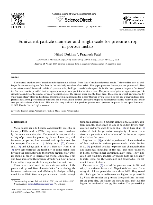 (PDF) Equivalent particle diameter and length scale for pressure drop ...