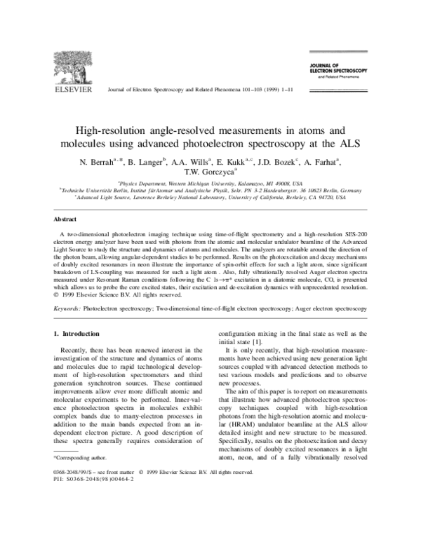 Pdf High Resolution Angle Resolved Measurements In Atoms And Molecules Using Advanced