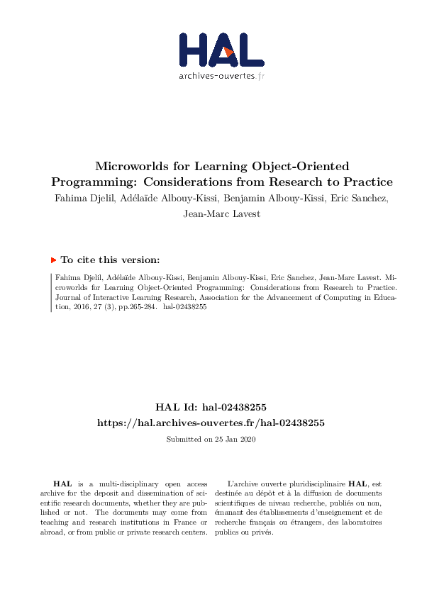 (PDF) Microworlds for Learning Object-Oriented Programming: Considerations from Research to Practice