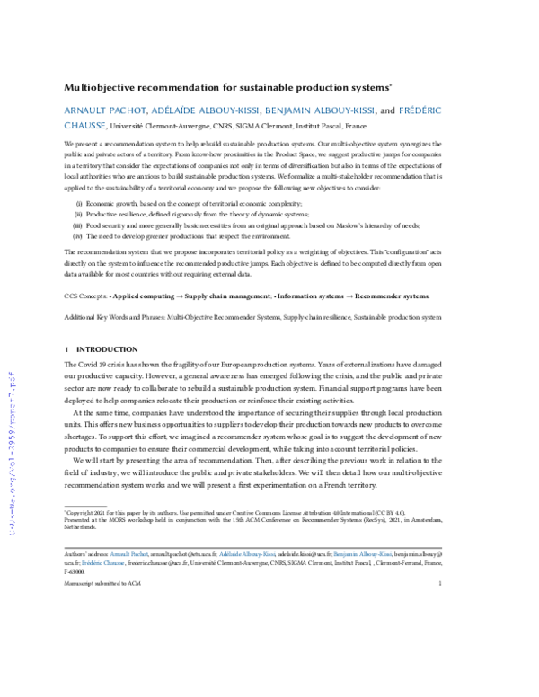 Pdf Multiobjective Recommendation For Sustainable Production Systems