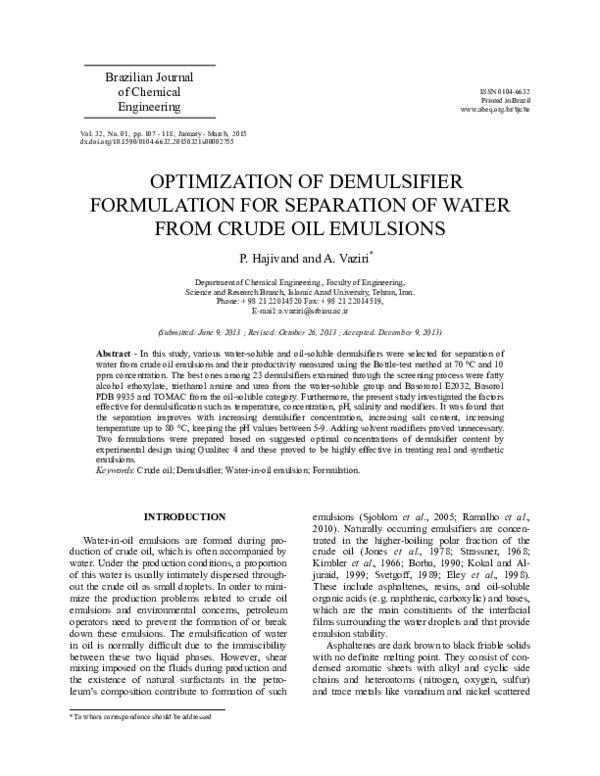 (PDF) Optimization of Demulsifier Formulation for Separation of Water ...