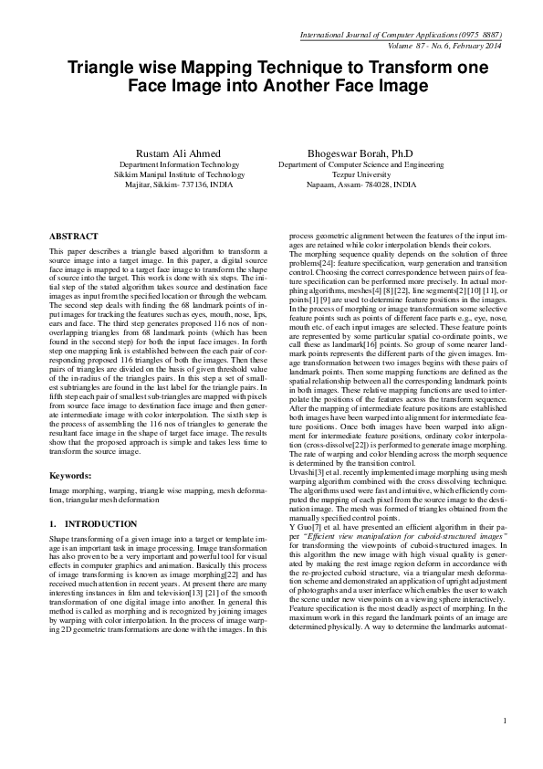 (PDF) Triangle Wise Mapping Technique to Transform one Face Image into ...