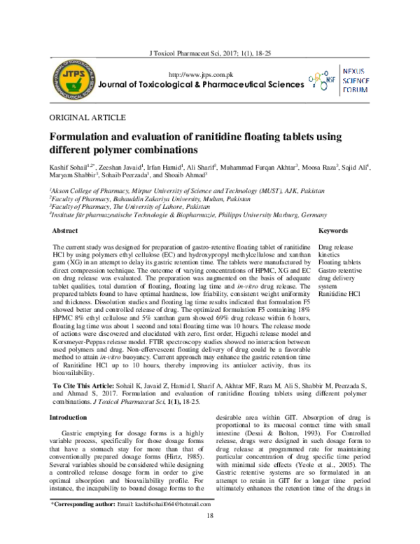 Pdf Formulation And Evaluation Of Ranitidine Floating Tablets Using Different Polymer Combinations
