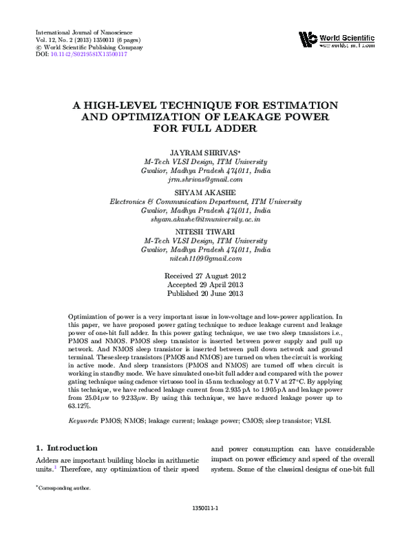 Pdf A High Level Technique For Estimation And Optimization Of Leakage Power For Full Adder