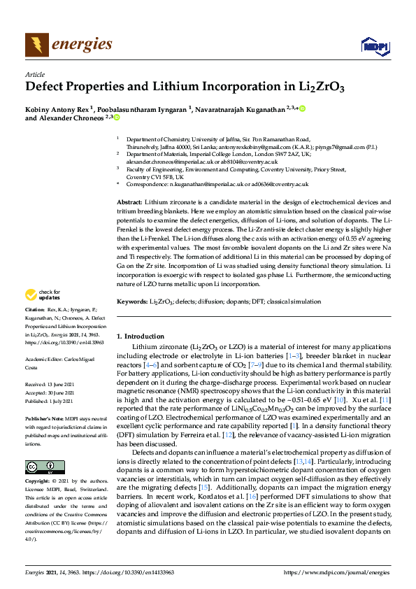(PDF) Defect Properties and Lithium Incorporation in Li2ZrO3