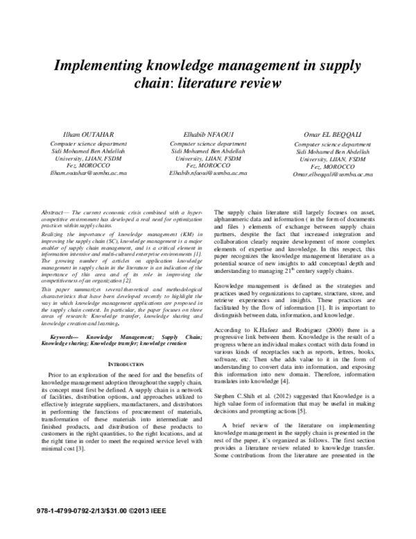(PDF) Implementing knowledge management in supply chain: Literature review