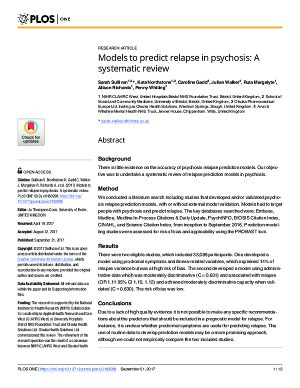 (PDF) Models to predict relapse in psychosis: A systematic review