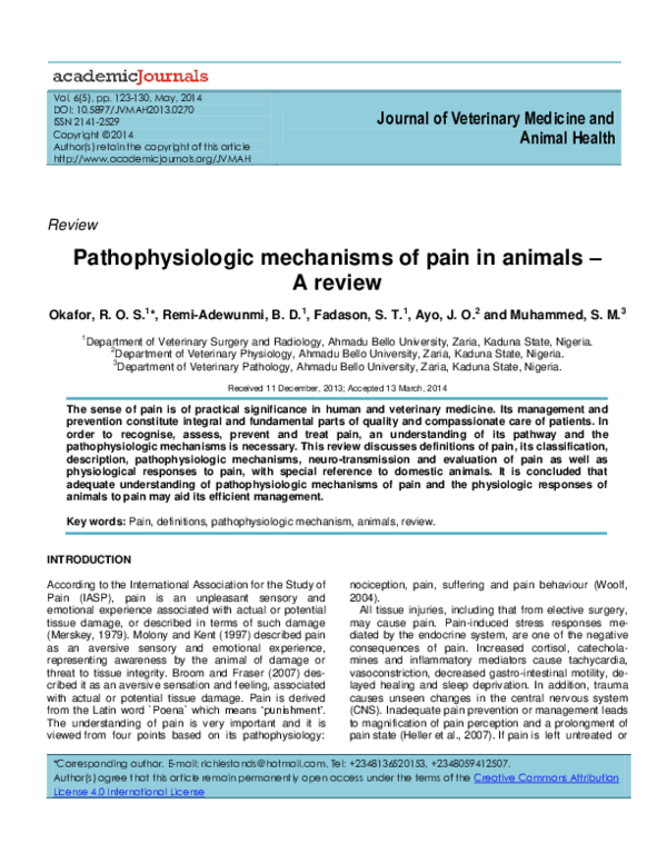 (PDF) Pathophysiologic mechanisms of pain in animals - A review