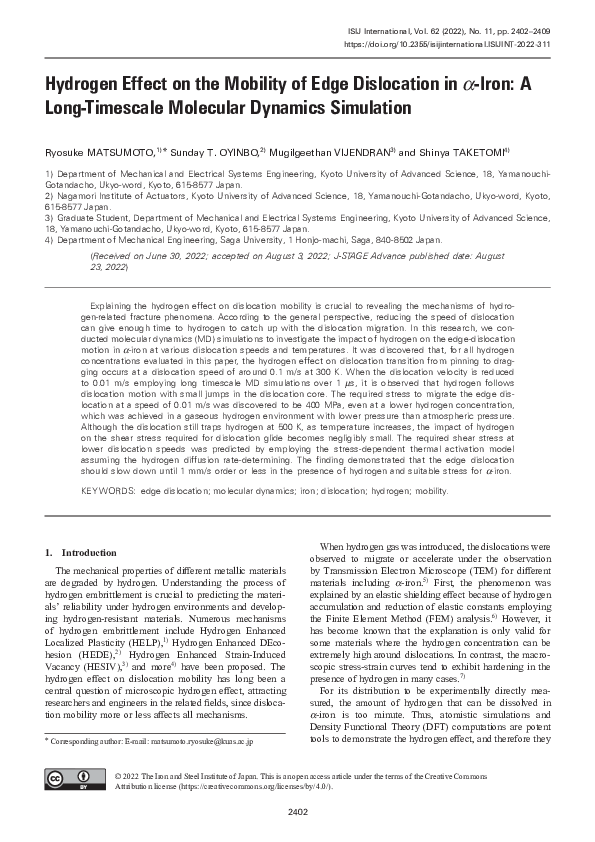 (PDF) Hydrogen Effect on the Mobility of Edge Dislocation in α-Iron: A Long-Timescale Molecular ...