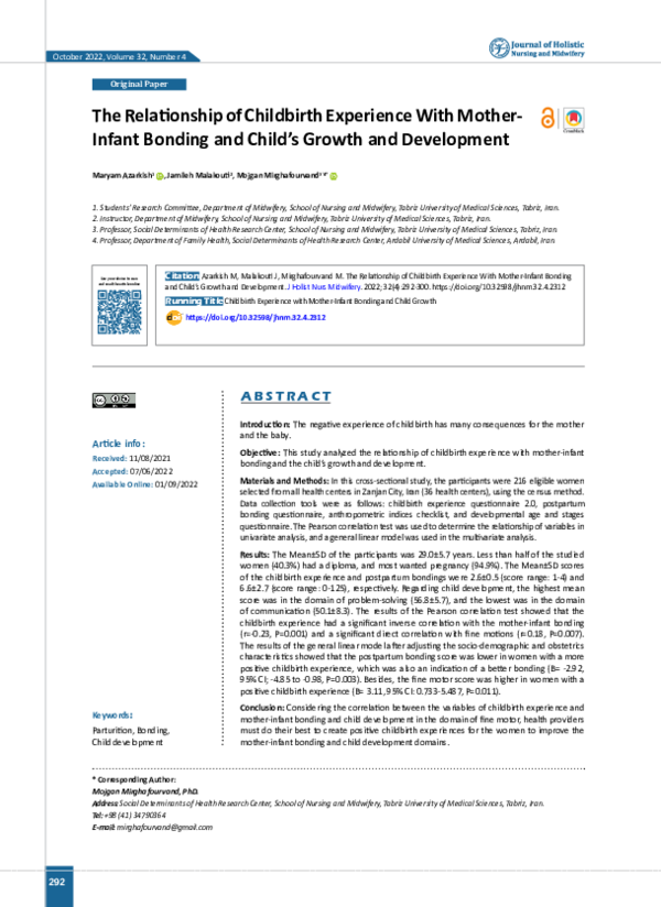(PDF) The Relationship of Childbirth Experience with Mother-Infant ...