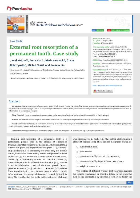 (PDF) External root resorption of a permanent tooth. Case study