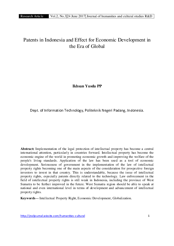 (PDF) Patents in Indonesia and Effect for Economic Development in the ...