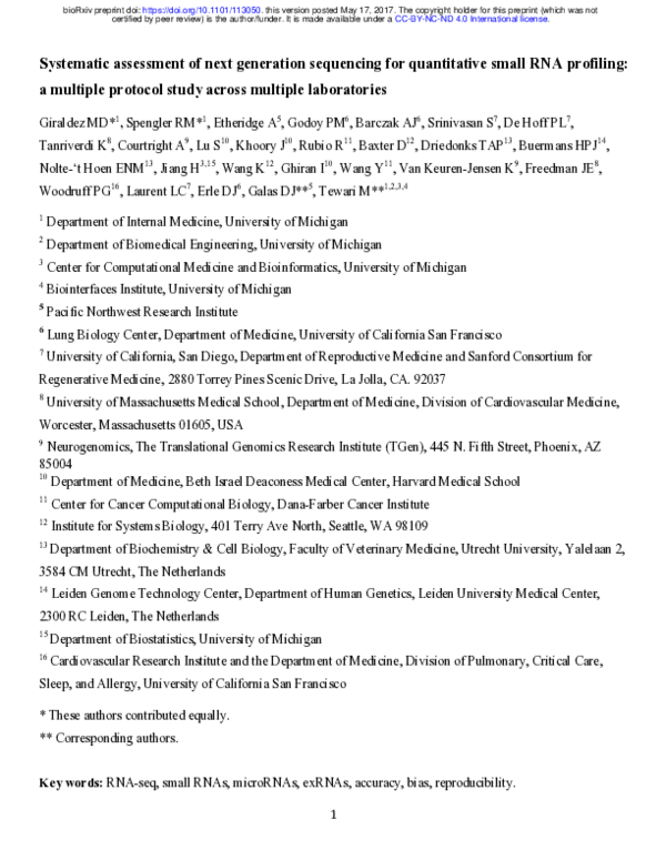 Pdf Systematic Assessment Of Next Generation Sequencing For Quantitative Small Rna Profiling