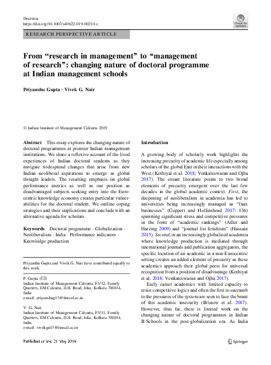 (PDF) From “research in management” to “management of research ...