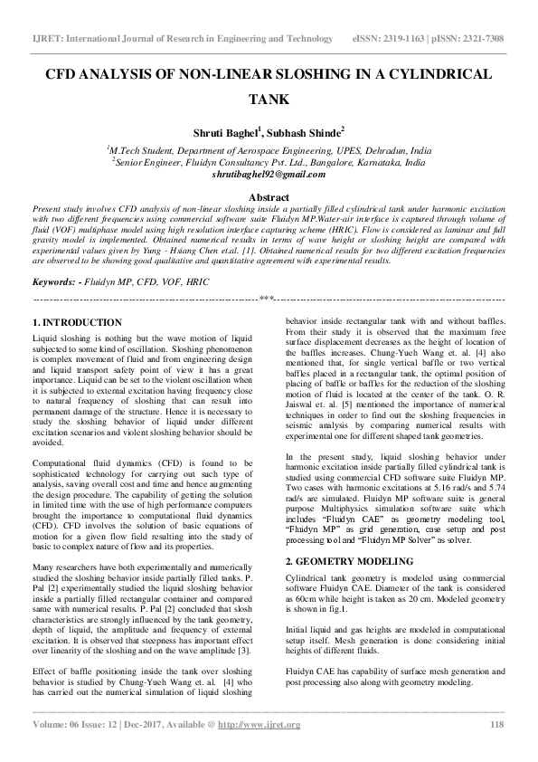(PDF) CFD Analysis of Non-Linear Sloshing in a Cylindrical Tank