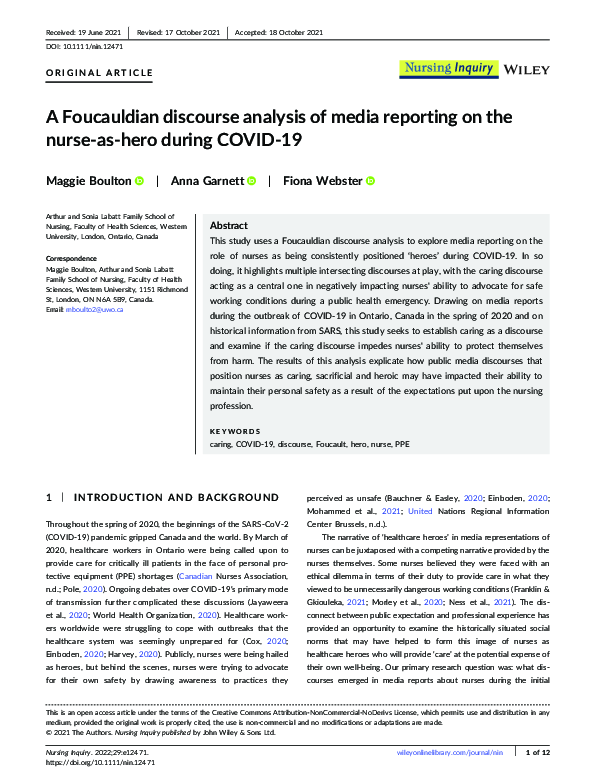 (PDF) A Foucauldian discourse analysis of media reporting on the nurse ...