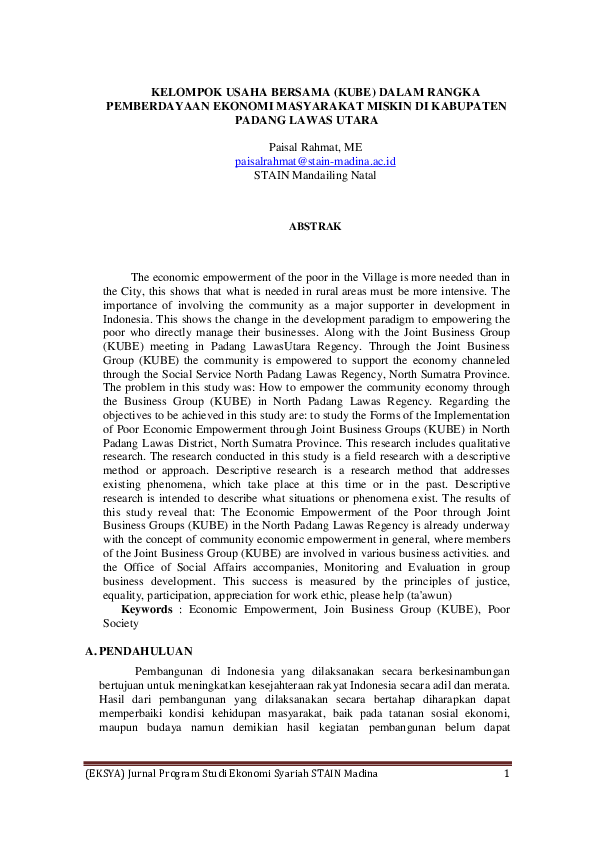 (PDF) Kelompok Usaha Bersama (Kube) Dalam Rangka Pemberdayaan Ekonomi Masyarakat Miskin DI ...