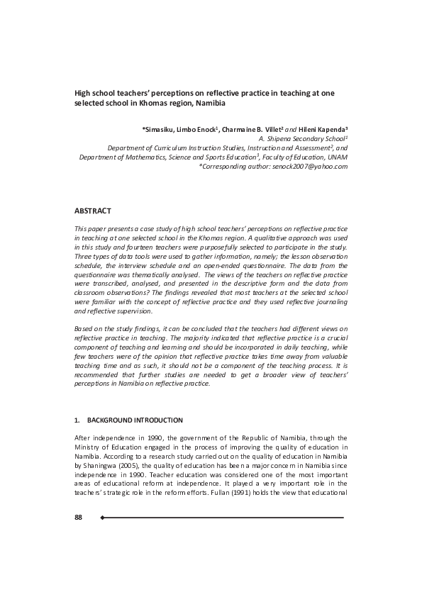(PDF) High school teachers’ perceptions on reflective practice in teaching at one selected ...