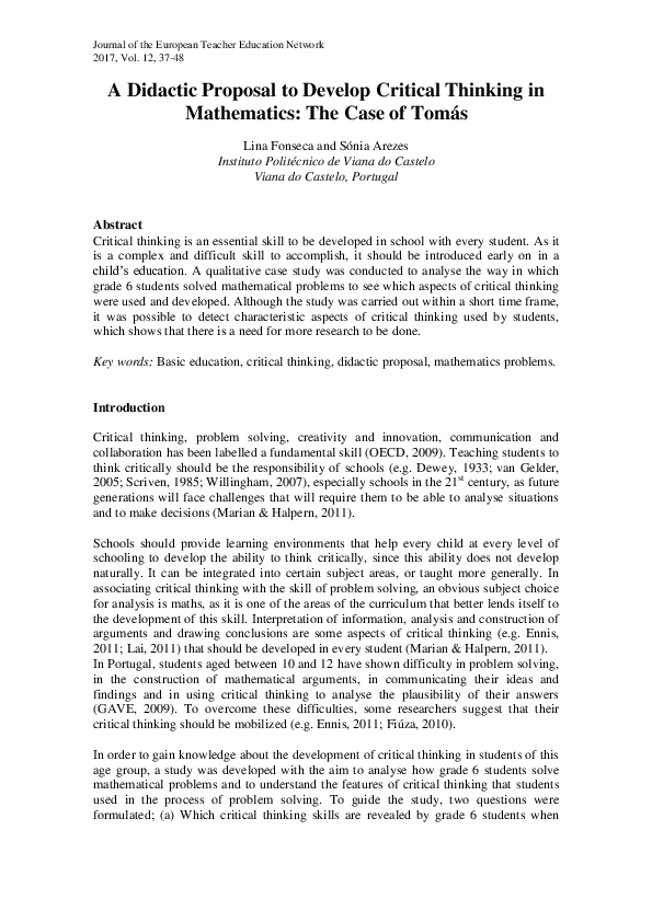 (PDF) A Didactic Proposal to Develop Critical Thinking in Mathematics: The Case of Tomás