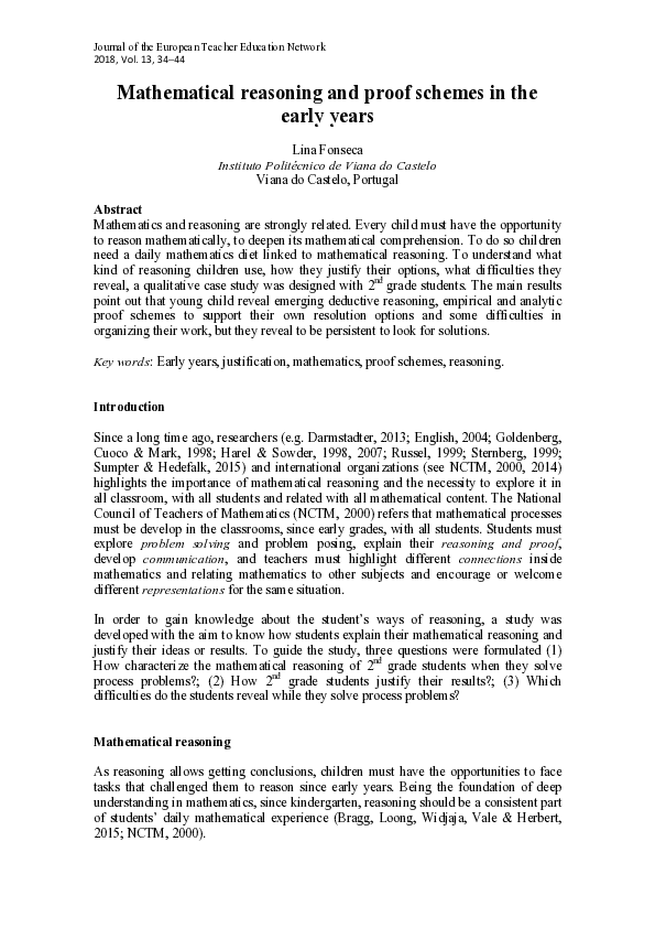 (PDF) Mathematical reasoning and proof schemes in the early years